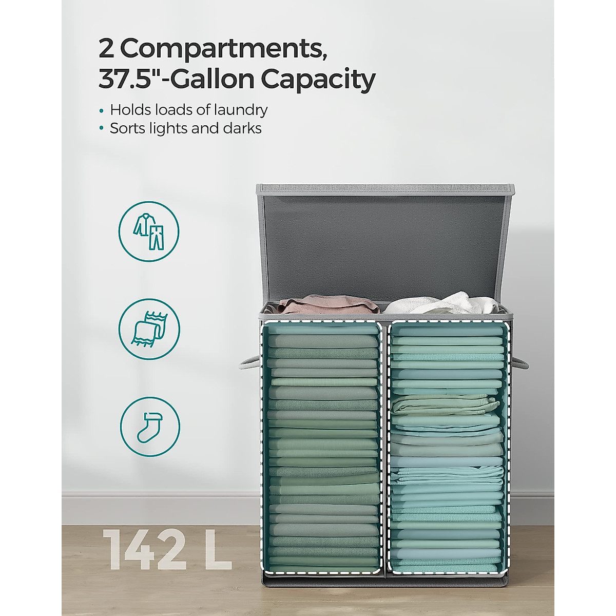 SONGMICS Sturdy Double Laundry Hamper with Lid, Removable Fabric Bag, 142L Large Clothes Hamper 2 Section, Laundry Basket with Handles for Closet, Laundry Room, Bedroom, Bathroom, Gray ULCB02G