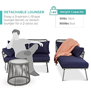 Best Choice Products Outdoor Rope Woven Sectional Patio Furniture L-Shaped Conversation Sofa Set for Backyard, Porch w/Thick Cushions, Detachable Lounger, Side Table - Gray/Navy