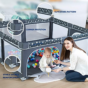 Baby Playpen, ANGELBLISS Playpen for Babies and Toddlers, Extra Large Playard with Gate, Kids Safety Play Pens Portable Play Yard with Star Print (Dark Grey)
