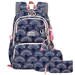 Elementary School Backpack for Girls,Waterproof Student Bookbag with Lunch box and Pencil Case
