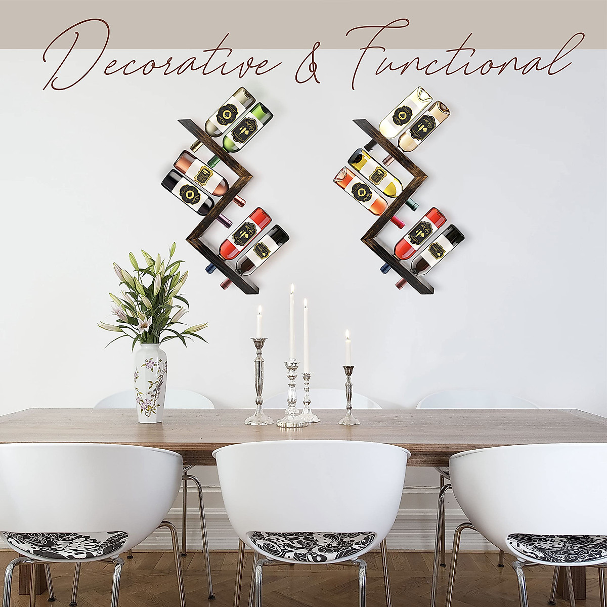 Charmont Wooden Wall Mounted Wine Rack -Rustic Zig Zag Floating Shelves Wine Bottle Holder for Bar, Kitchen Storage, Dining Room, Wedding Gift, Wall Home Décor; 6 Bottles (Dark Walnut)