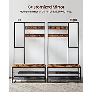 VASAGLE Coat Rack Shoe Bench with Mirror, Hall Tree with Bench and Shoe Storage Shelves, 15 x 38.6 x 70.9 in, Bedroom Living Room, Industrial Style, Rustic Brown and Black UHSR415B01