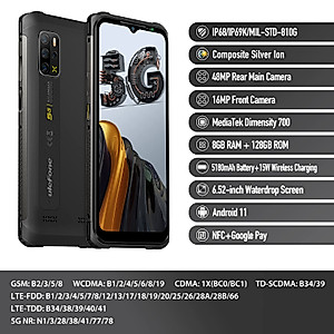 Ulefone Armor 12 5G Rugged Smartphone, 8GB+128GB, 48MP Quad Rear Camera, Waterproof Rugged Cell Phone, 6.52" HD+, 5180mAh, 15W Wireless Charging, T-Mobile Unlocked Rugged Phone (Black)