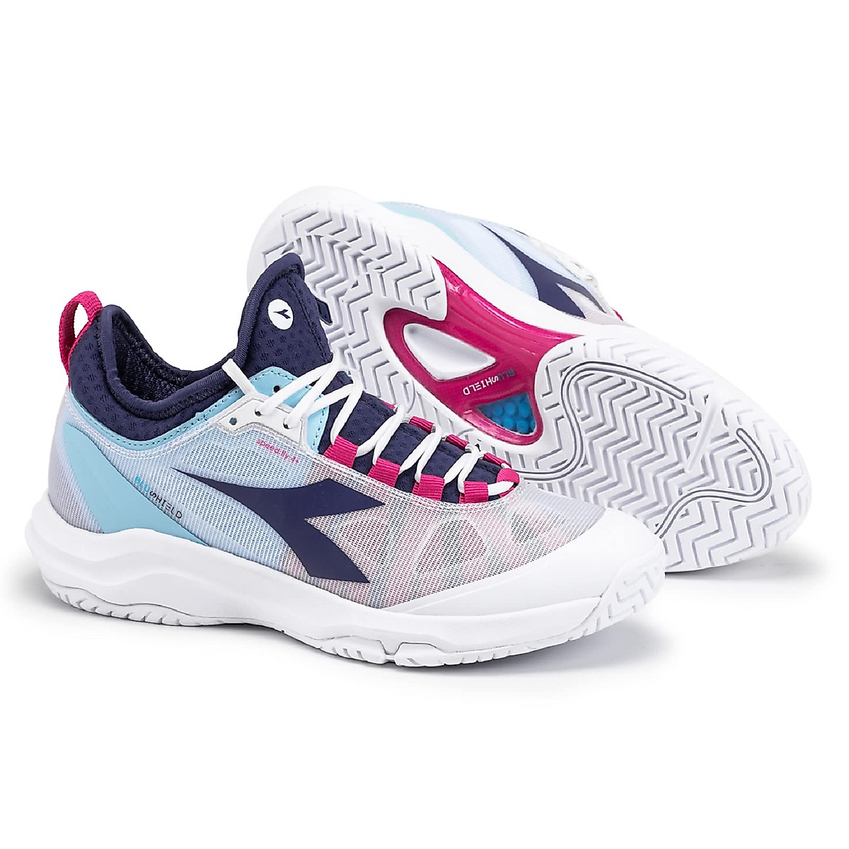Diadora Women's Speed Blushield Fly 4+ All Ground Tennis Shoe (White/Blueprint/Pink Yarrow, 7.0)