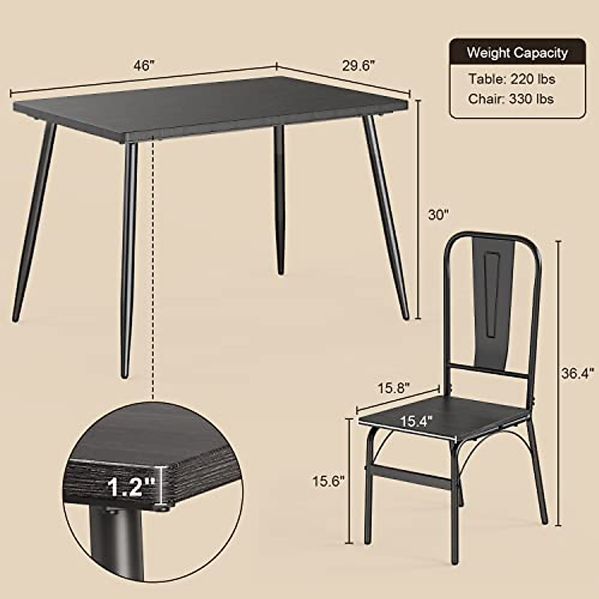 Gizoon Dining Table Set for 4 with Chairs, 5-Piece Kitchen Table and Chairs for 4 with Thick Board for Home, Small Space, Apt, Heavy-Duty, Black