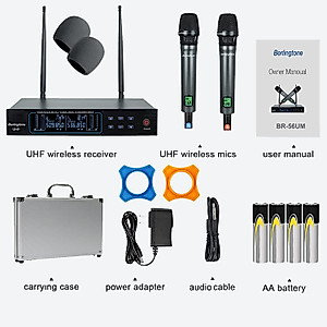 Berlingtone Wireless Microphone System, 2 Handheld Dynamic Microphones,120- Adjustable Frequency Channel, Metal case and mic for Karaoke, Meeting, Party, Church, DJ, Wedding, up 260ft Range (BR-56UM)