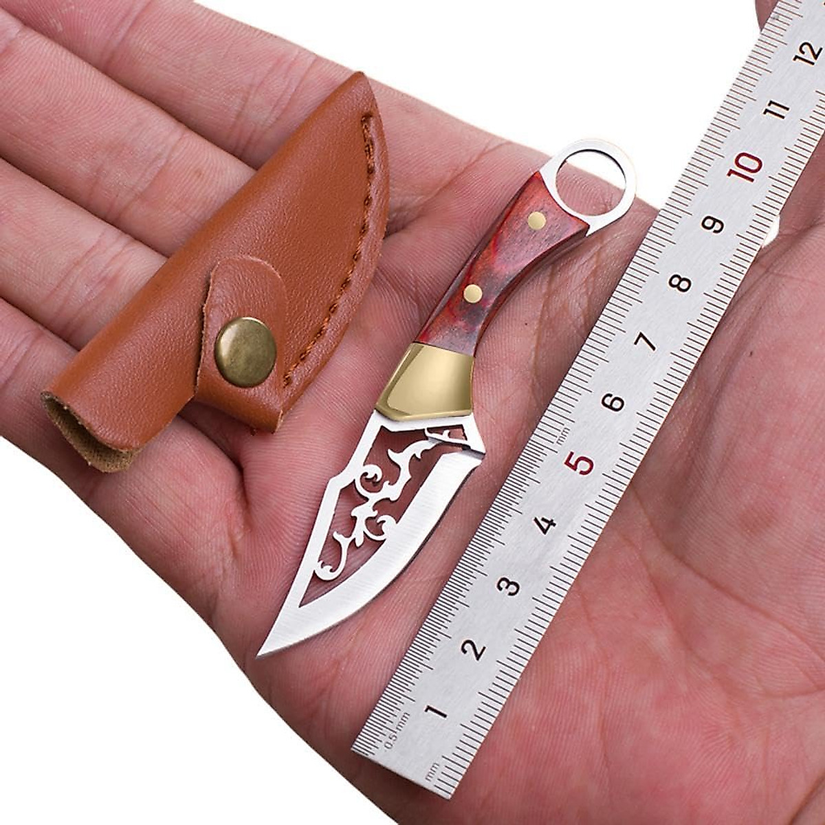 SZHOWORLD Ultra Small Fixed Blade Knife, 1.57 inch 5Cr15 Steel Laser Cutting Hollow Blade with Brass+Colored Wood Handle, Mini Knife/Box Cutter with Leather Sheath for EDC Use (Red brown)