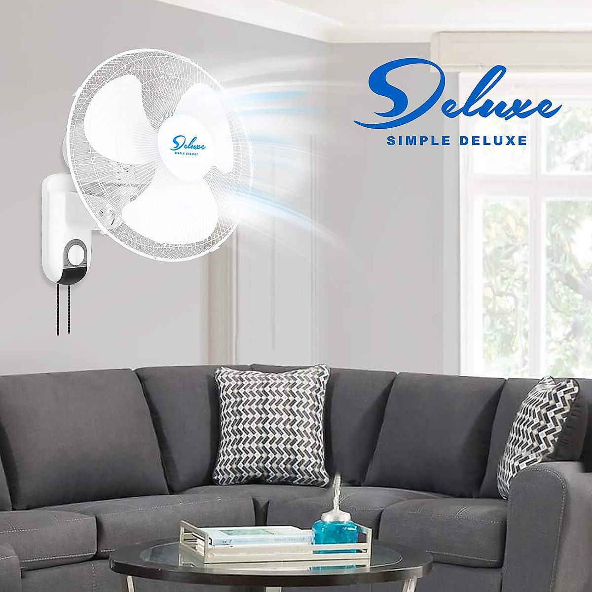 Simple Deluxe 16 Inch Digital Household Wall Mount Fans, Adjustable Tilt, 90 Degree, 3 Speed Settings, 2 Pack, White