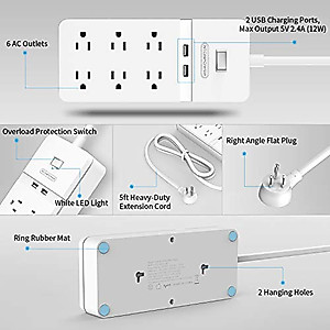 Surge Protector Power Strip with Cable Management Box, 6 Outlets and 2 USB Ports with Switch Control, Flat Plug, 5ft Heavy-Duty Extension Cord, Cord Organizer Box for Home and Office - White