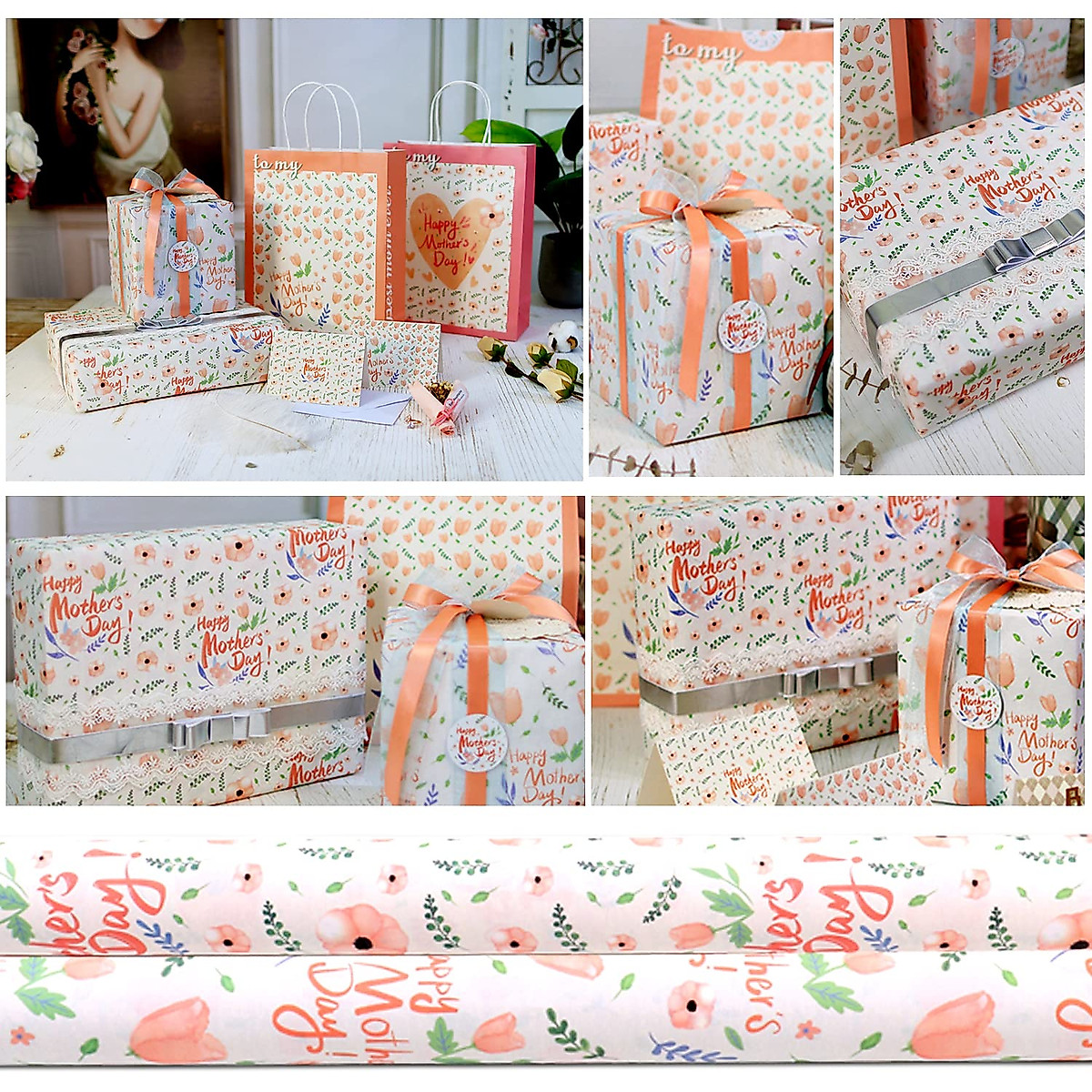 MAMUNU 6 Sheets Mother's Day Gift Wrapping Paper, "Happy Mother's Day" Pink Floral Wrapping Paper with Stickers for Mother's Day, Thanksgiving, Anniversary, Valentine's Day Gift Wrapping, 20 x 28 Inch Per Sheet