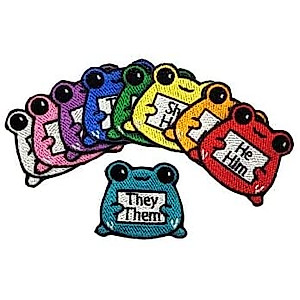 Pronoun "Statement Frogs" Embroidered Patch- USA Made- Multiple Colors Available (Turquoise He/Him)