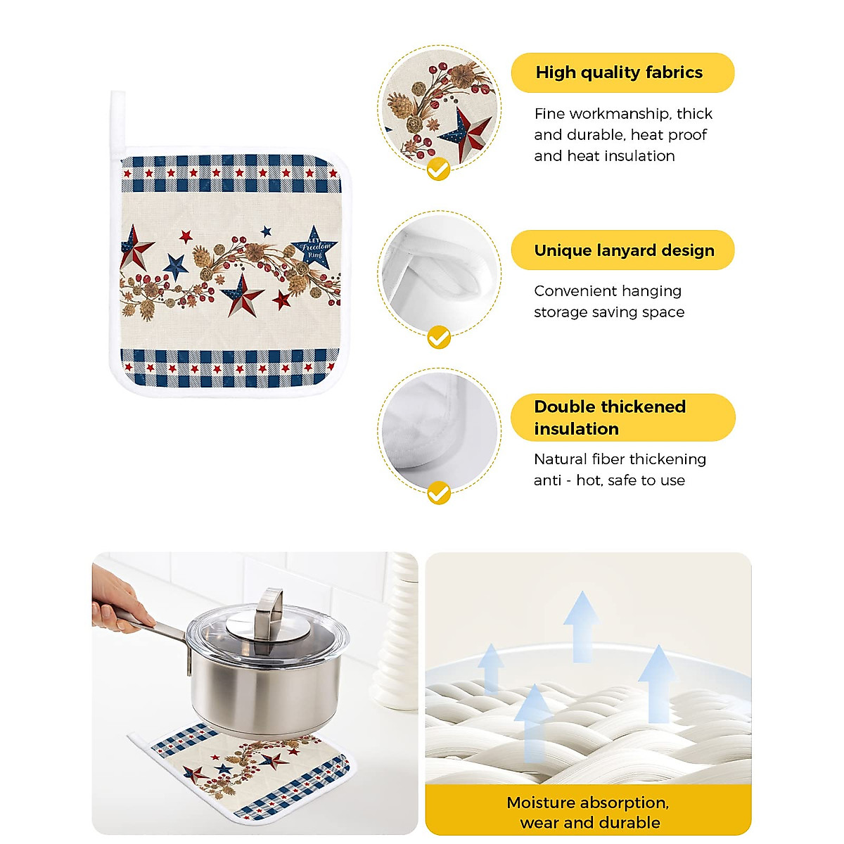 4th of July Pot Holders for Kitchen Heat Insulation, Blue Plaid Red Star Independence Day Potholders Hot Pads with Hanging Loop, Washable Oven Mitts Pot Holder Trivet for Cooking Baking 5 Pack