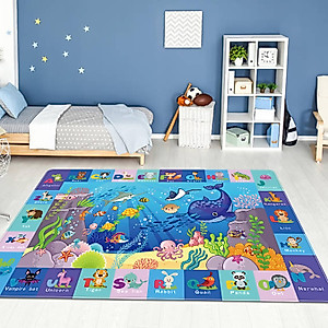 LTKOUGFAM Kids Play Rug, Animals Print Baby Mat for Floor, Kids Rug for Playroom, ABC Educational Rug, Non-Toxic Soft Baby Crawling Mat, Tummy Time Mat, Nursery Rugs (Blue, 78.7X59 INCH)