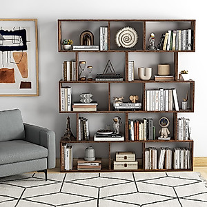 SILKYDRY 5-Tier Geometric Bookshelf, Freestanding Room Divider Bookcase, S-Shaped Decorative Storage Shelving, 62.5" Tall Display Book Shelf for Bedroom, Living Room (2, Rustic Brown)