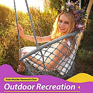 Patio Watcher Hammock Chair Hanging Macrame Swing with Cushion and Hardware Kits, Max 330 Lbs, Handmade Knitted Mesh Rope Swing Chair for Indoor, Outdoor, Bedroom, Patio, Yard, Deck, Garden, Gray