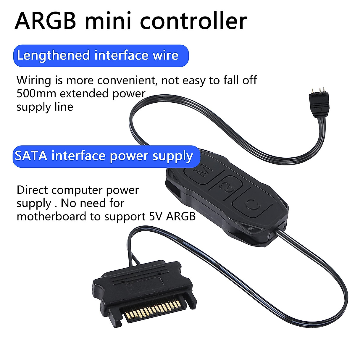 CERRXIAN 5V 3PIN ARGB Controller,Built-in Light Mode,SATA Power Supply,for Motherboards Without 5V ARGB,or DIYARGB Fans,ARGB Light Strips,Lighting Boards,Etc