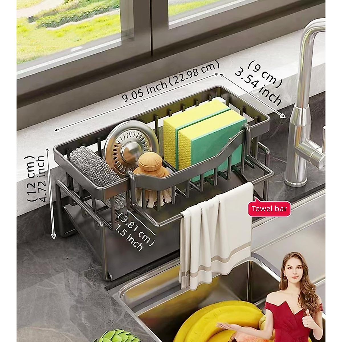 iBigLY Sponge Holder Kitchen Sink Caddy Organizer, 304 Stainless Steel Kitchen Soap Dispenser Caddy Organizer with Auto Drain Tray, Sink Rack for Kitchen & Bathroom Holding Sponge and Towel