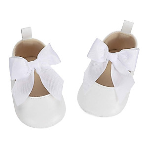 Baby Girls Bowknot Mary Jane Flats Rubber Sole Infant Toddler Walking Shoes Moccasinss Wedding Dress Shoes, White 3-6 Months