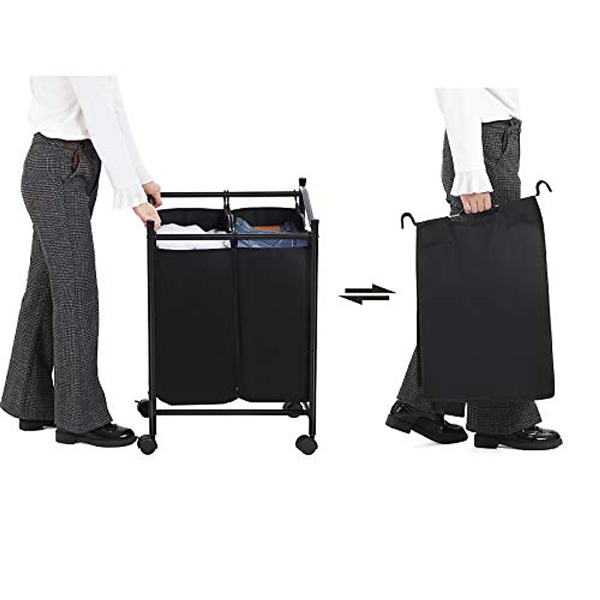 SONGMICS 2 Rolling Sorter, Laundry Basket on Wheels, Hamper with Removable Bags, Total Capacity 90L, Black LSF002BK, Polyester, 50,5 x 41 x 79,9 cm (L x B x H)