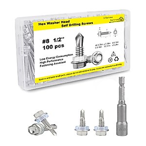LERNOU #8×1/2" Hex Washer Head Self-Drilling Screws, 410 Stainless Steel Self-Tapping Sheet Metal Tek Screws with Waterproof Washers and Phillips Screwdriver. (100 pcs)