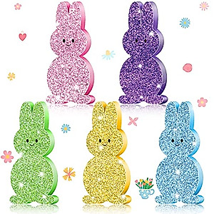 5 Pieces Easter Peep Tiered Tray Decor Spring Bunny Decor Easter Table Sign Colored Peeps Farmhouse Decor Wooden Bunny Decor for Spring Easter Birthday Home Office Farmhouse Party Decorations