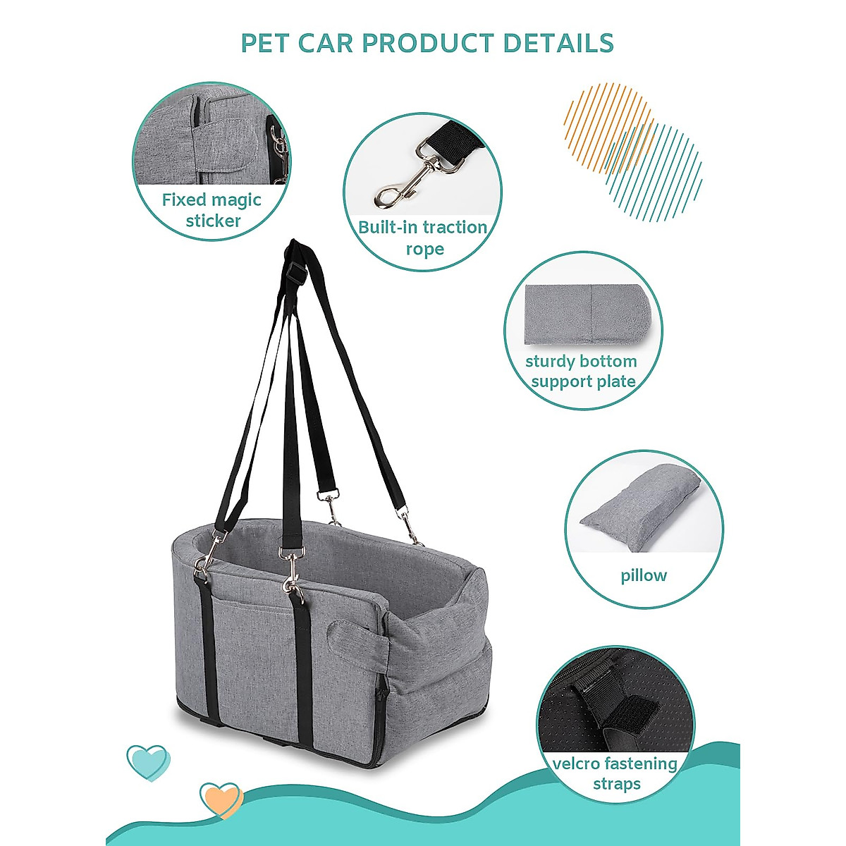 Prpeko Portable Dog & Cat Booster Seat - Center Console Car Armrest Seat for Puppy Under 13 lbs, Interactive Grey