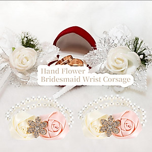 AUNMAS 2pcs Wedding Wrist Corsage, Girl Bridesmaid Groomsmen Hand Flower Faux Pearl Bead Corsage, Flower Bracelet Wedding Prom Party Decorations (White+)