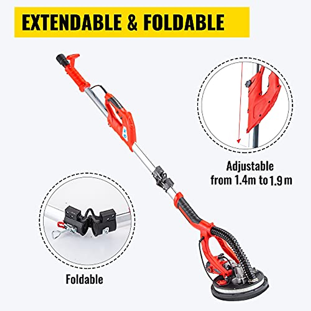 VEVOR Electric Drywall Sander 850W with LED Strip Light, Foldable Sheetrock Sander with Extendable Handle Variable Speed 800-1750RPM,Drywall Sander with 6 Sand Pads