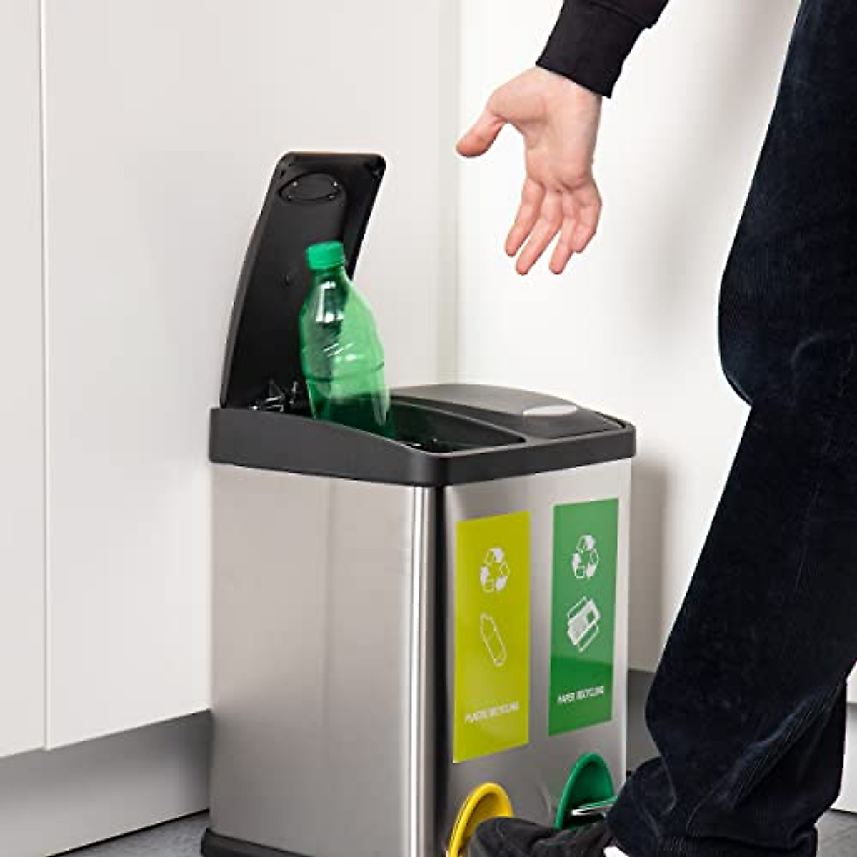 Mind Reader 2-Section Stainless Steel Recycle Bin 24 Liter/ 6.5 Gallon, Metal Recycling Bin