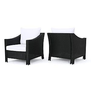 Christopher Knight Home Antibes Outdoor Wicker Club Chairs with Water Resistant Cushions, 2-Pcs Set, Black / White Cushion