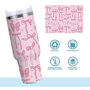 Msyxl 40 oz Insulated Stainless Steel Tumbler with Handle and Straw Lid - Leak-proof Coffee Mug for Men Women, Travel Mug Fits Cup Holder (Cute Ribbon Bow)