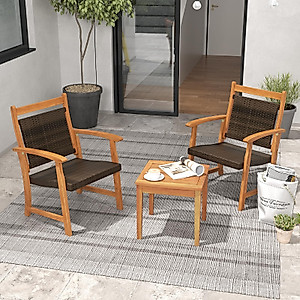 HAPPYGRILL 3 Pieces Rattan Wood Bistro Set, Patio Wicker Chairs Set with Acacia Wood Side Table, Outdoor Sofa Furniture Set for Yard Garden Porch Poolside
