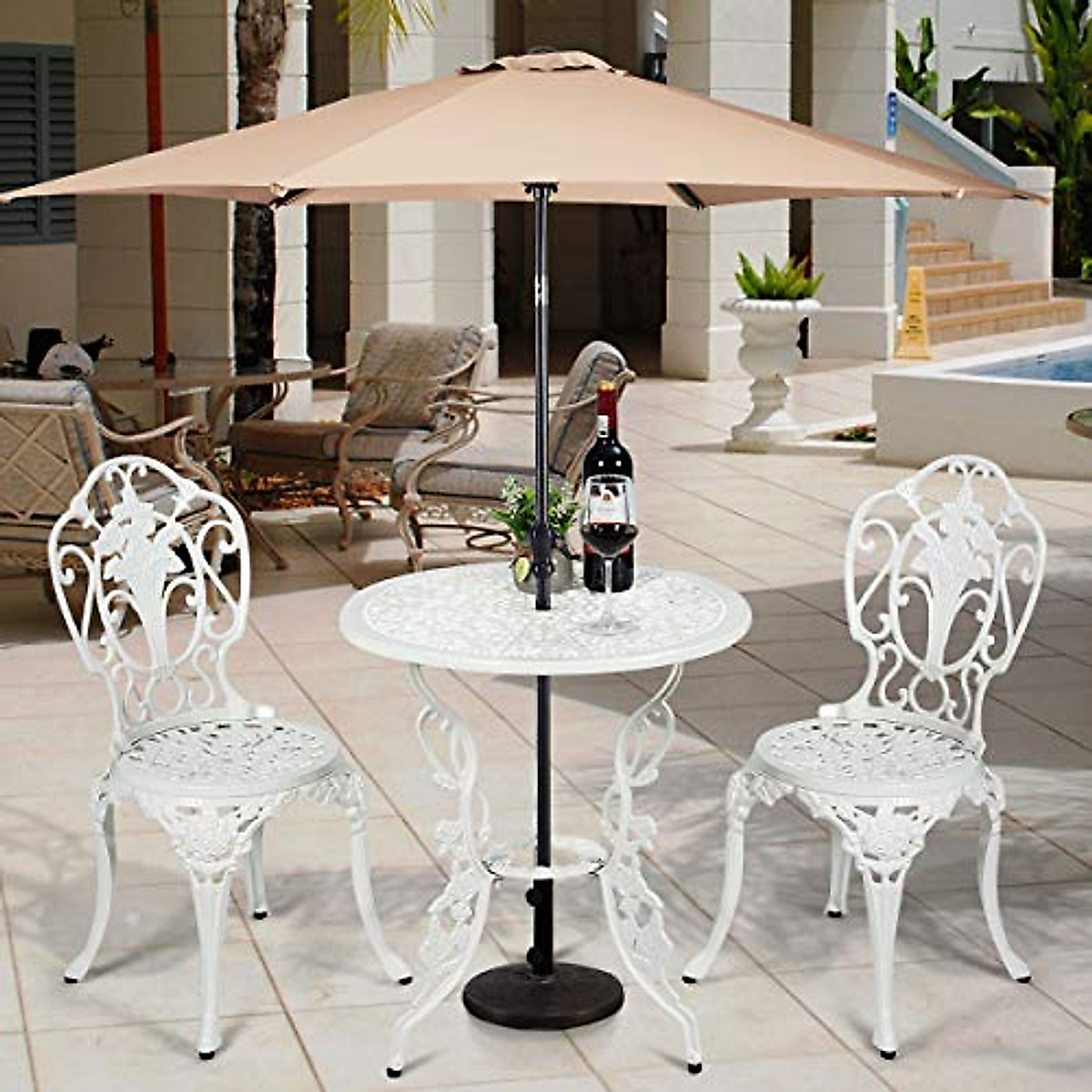 Giantex 3 Piece Bistro Set Cast Tulip Design Antique Outdoor Patio Furniture Weather Resistant Garden Round Table and Chairs w/Umbrella Hole