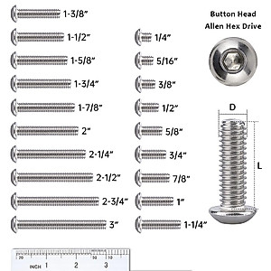 RoyceMart 1/4-20 x 1-1/2" (25 Pack) Hex Socket Button Head Cap Screws Bolts, Allen Socket Drive, 304 Stainless Steel 18-8, Bright Finish, Full Machine UNC Threads