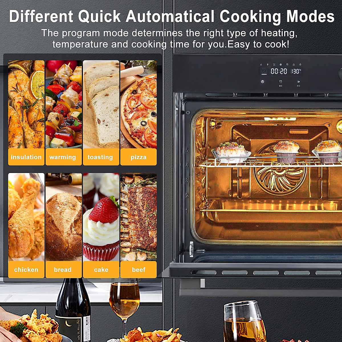 Takywep Single Wall Oven 24", Built-In Electric Ovens With Steam&Grill&Air Frying Mode, 3000W, 240V, 2.5Cu.Ft Convection Built-In Oven, Stainless Steel (Normal Touch Screen)