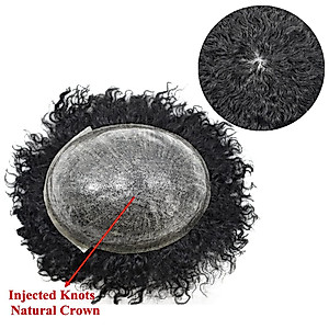 Hair Units for Black Men Afro Toupee for Black Men Kinky Curly Human Hair Piece Replacement African American Afro Wavy Men Toupee Hairpiece Thin Skin Men Hair System(8"X10", #1Jet Black-8mm Wave Curl)