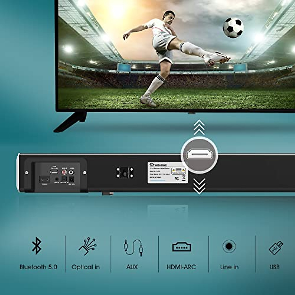 Wohome Sound Bar 32-Inch 80W Soundbar with Built-in Subwoofer 2.1CH 3D Surround Sound Home Audio Sound Bars for TV Speakers, Support HDMI-ARC,Opt, RCA,AUX, Bluetooth 5.0, LED Display|Model S9960