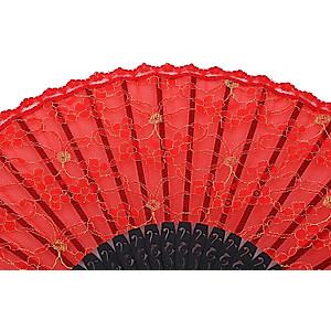 Womens Multi Color Handmade Cotton Lace Folding Hand Fan (Black-A) (Red-a)