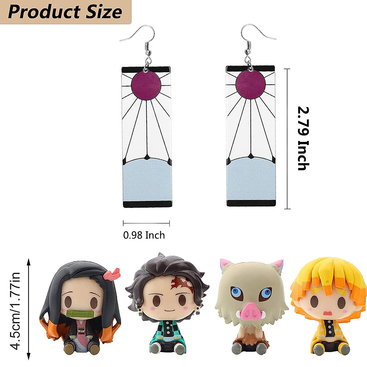 4 Pcs Demon 鬼滅 Slayer Mini Figures with Tanjiro Earrings, 1.77 Inch Anime Figure Set, Tanjiro Pop Figure Statues for Car Home Decoration