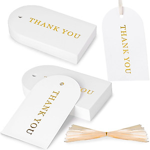 SallyFashion 120PCS Thank You Gift Tags, White Gold Stamping Tags Hanging Labels with Ribbon for Party Favors Birthday Baby Shower White