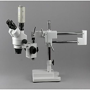 AmScope SM-3TZ Professional Trinocular Stereo Zoom Microscope, WH10x Eyepieces, 3.5X-90X Magnification, 0.7X-4.5X Zoom Objective, Ambient Lighting, Single-Arm Boom Stand, Includes 0.5X and 2.0X Barlow Lenses