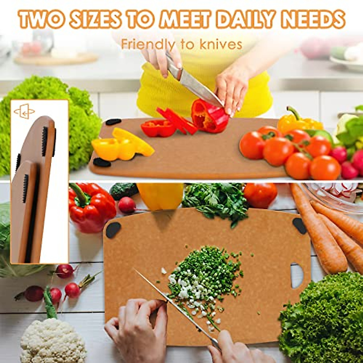 Cutting Boards for Kitchen Set of 3, Wood Cutting Boards with Holder, Non Slip Chopping Boards - Medium & Large Bamboo Cutting Boards, Kitchen Chopping Board for Meat Cheese board