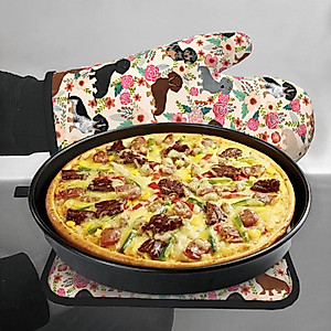 Hitamus Floral Dachshunds Oven Mitts and Pot Holders Sets, Heat Resistant Kitchen Microwave Gloves Non-Slip Pot Pads for Grilling Baking Cooking BBQ (Set of 2)