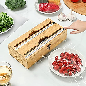 JIAFUEO Foil and Plastic Wrap Organizer, 2 in 1 Plastic Wrap Dispenser with Cutter and Labels, Aluminum Foil Organization and Storage, Bamboo 12" Roll Organizers Holder for Kitchen Drawer