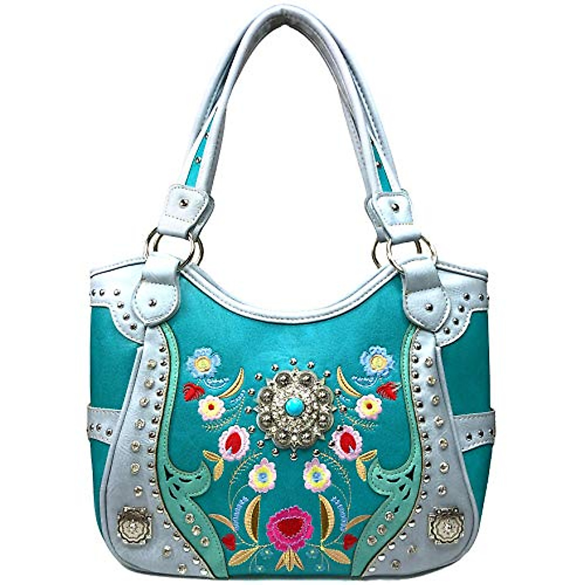 Embroidered Floral Laser Cut Turquoise Rhinestone Concho Concealed Carry Tote Hobo Purse Wallet Set (Turquoise)