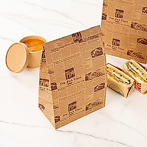 Restaurantware Bag Tek 12 Lb Disposable Lunch Bags 100 Sturdy Take Out Bags - Flat Bottom Microwavable Kraft Newsprint Design Paper Bags Freezable Great For Restaurants Cafes And Bakeries