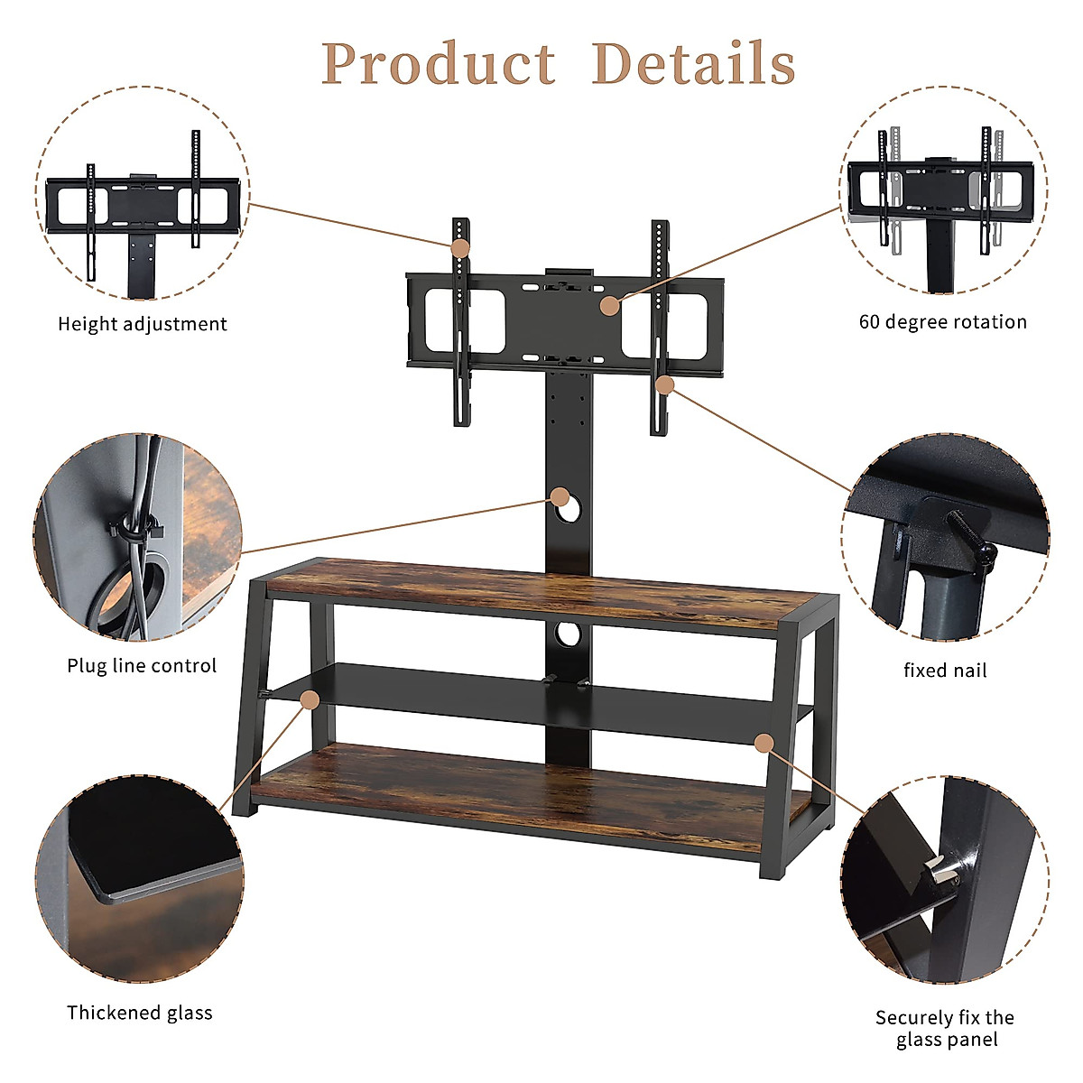 Universal TV Stand Wooden Swivel TV Stand with Storage for 32'' - 65'' TV. Height Adjustable Floor TV Stand with Tempered Glass. Entertainment Center with Mounting TV Stand