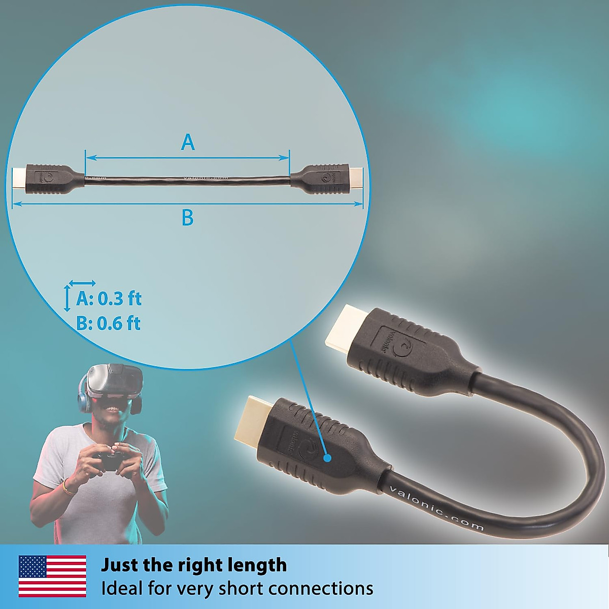 valonic Short HDMI Cable - 0.6 ft, 4k, high Speed, Ultra HD, ethernet - Compatible with Nintendo, PS5, TV, PS4, Xbox, Black, Small, Thin