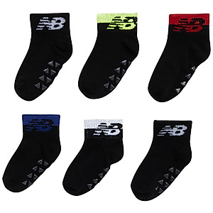 New Balance Baby Boys' Socks - 12 Pack Quarter Cut Non-Skid Gripper Socks (Infant/Toddler), Size 2-4T, Black Assorted Grip