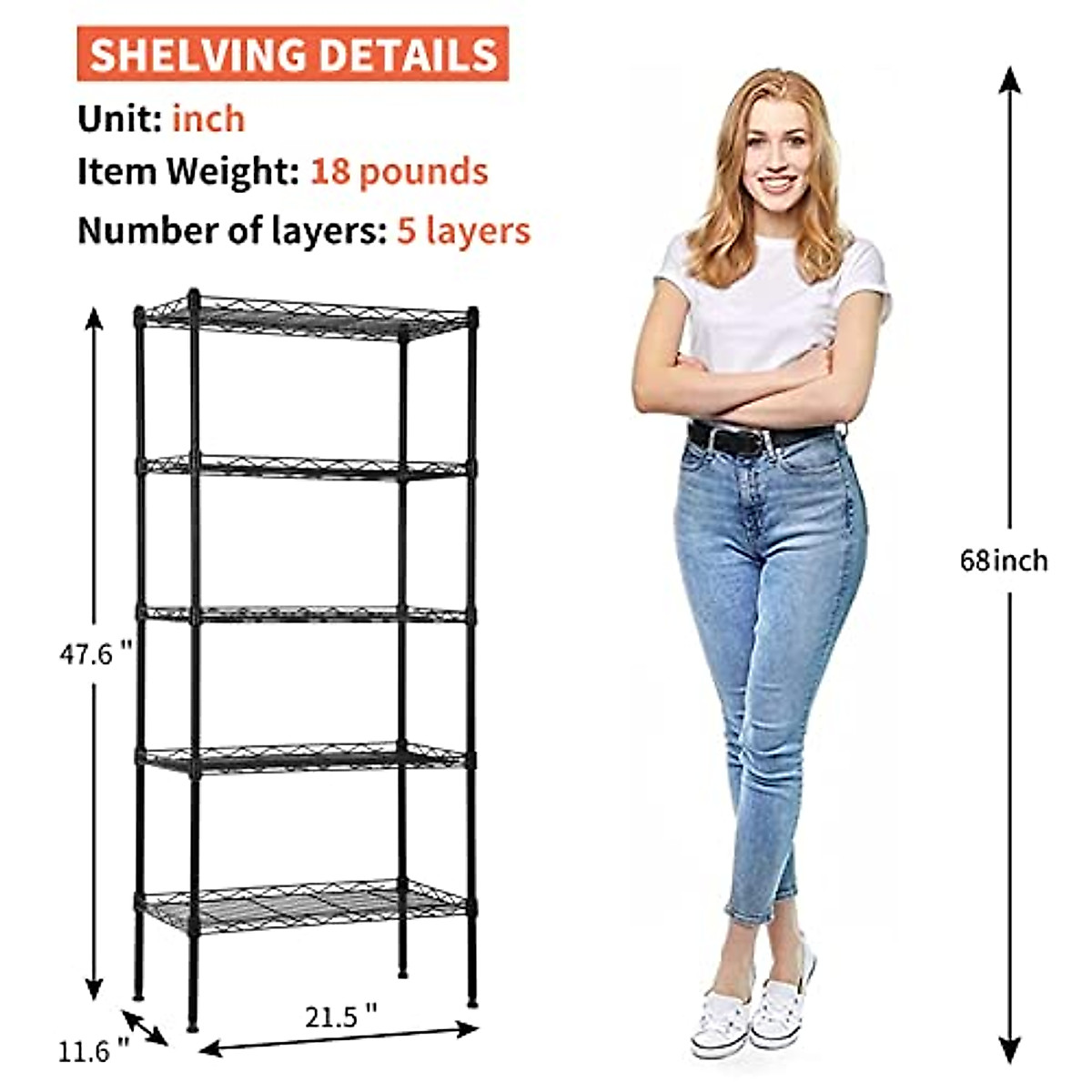 YYkokocat 5-Tier Wire Shelving Adjustable Metal Shelving Unit 48" H Storage Shelves Wire Rack Shelf Organizer for Closet Bathroom Kitchen, 750LB Capacity, 21.5L x 11.6W x 47.6H, Black